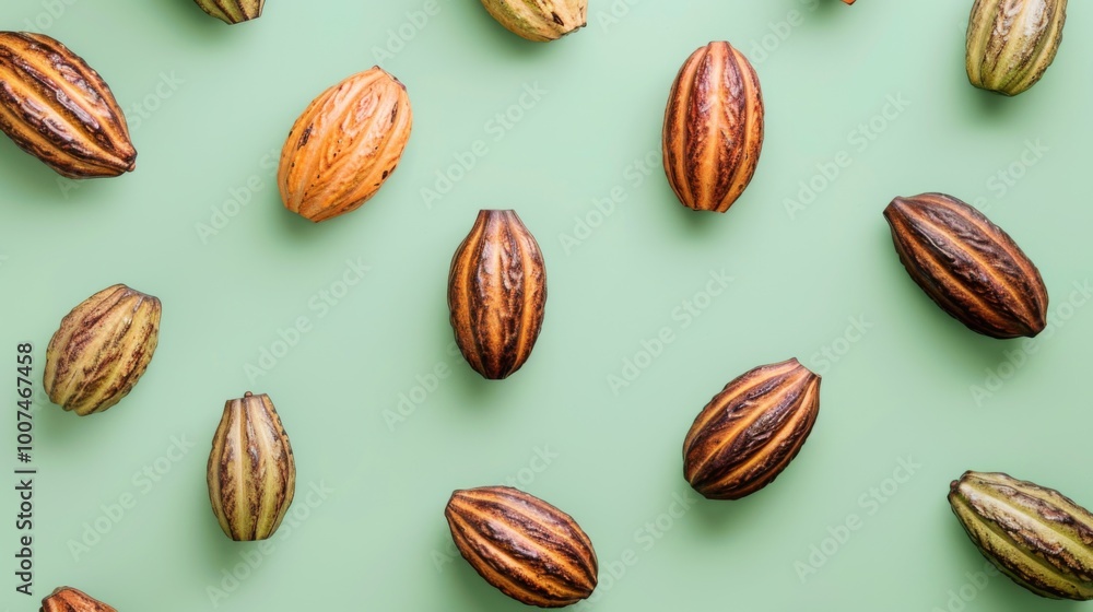 This image displays an artistic arrangement of cocoa pods with vibrant ...