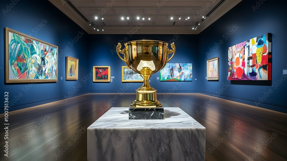 Gleaming Gold Trophy Cup on Marble Pedestal in Art Gallery. Stock Photo ...