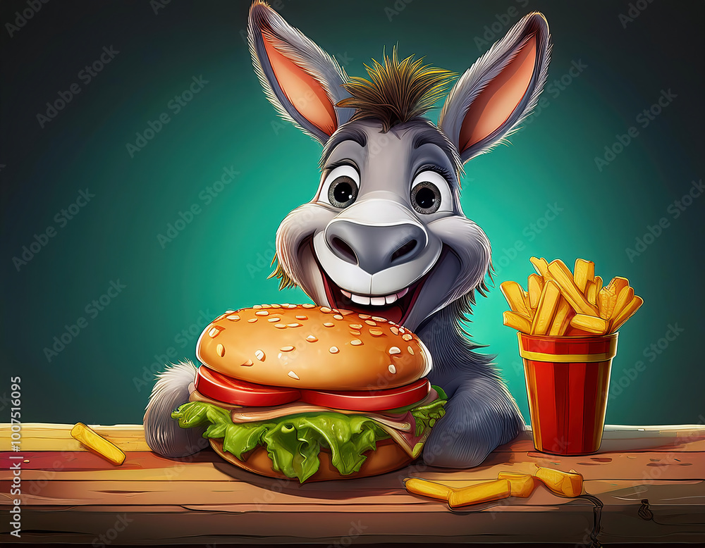 cartoon illustration of a cheerful donkey looking a big, cheesy burger ...