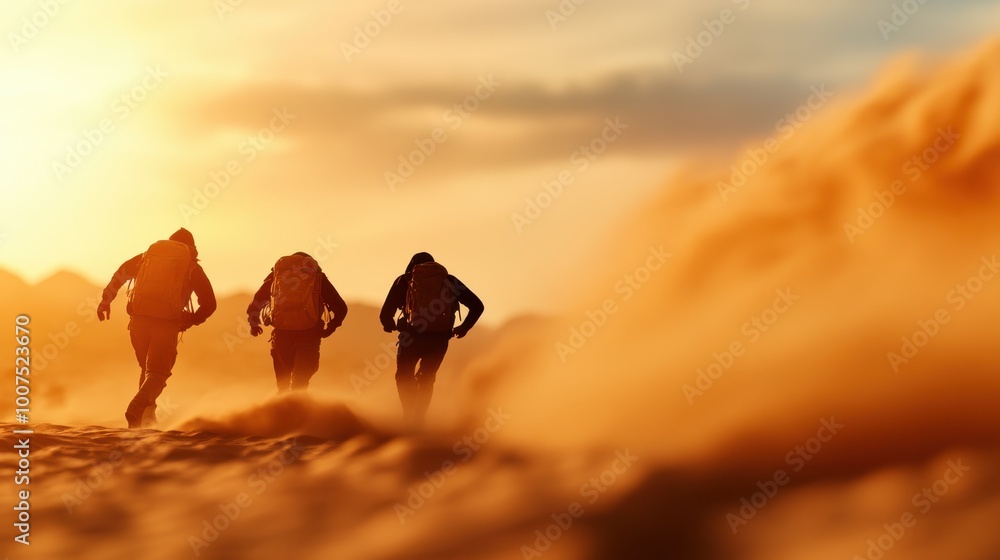 Three hikers traverse a desert landscape, shrouded in an intense blend ...