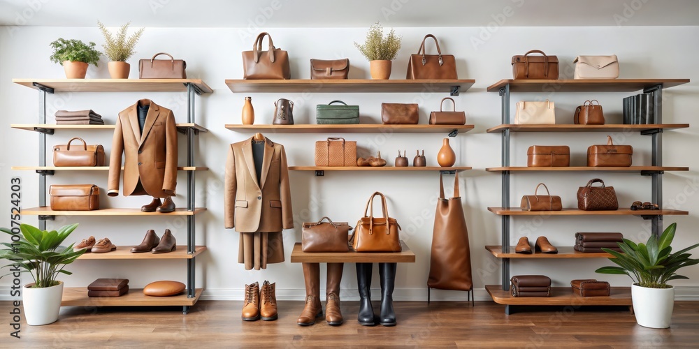 Leather Goods and Accessories Display on Wooden Shelves, Interior ...