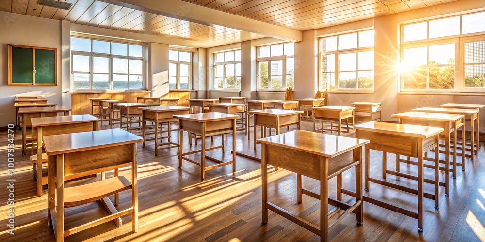 Sunlight Streaks Through Classroom Windows, Illuminating Empty Wooden ...