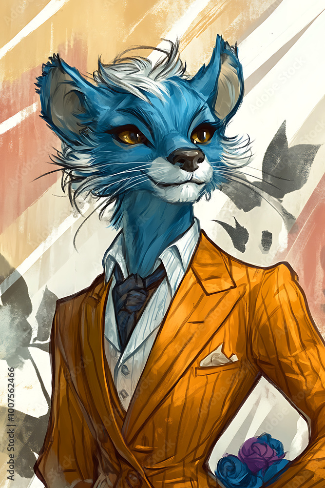 Blue Feline in a Suit: A stylishly dressed anthropomorphic blue cat ...