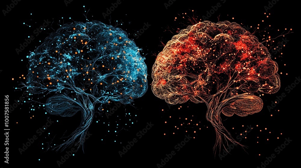 Abstract humananimal brain hybrid with neural connections, Animal and ...