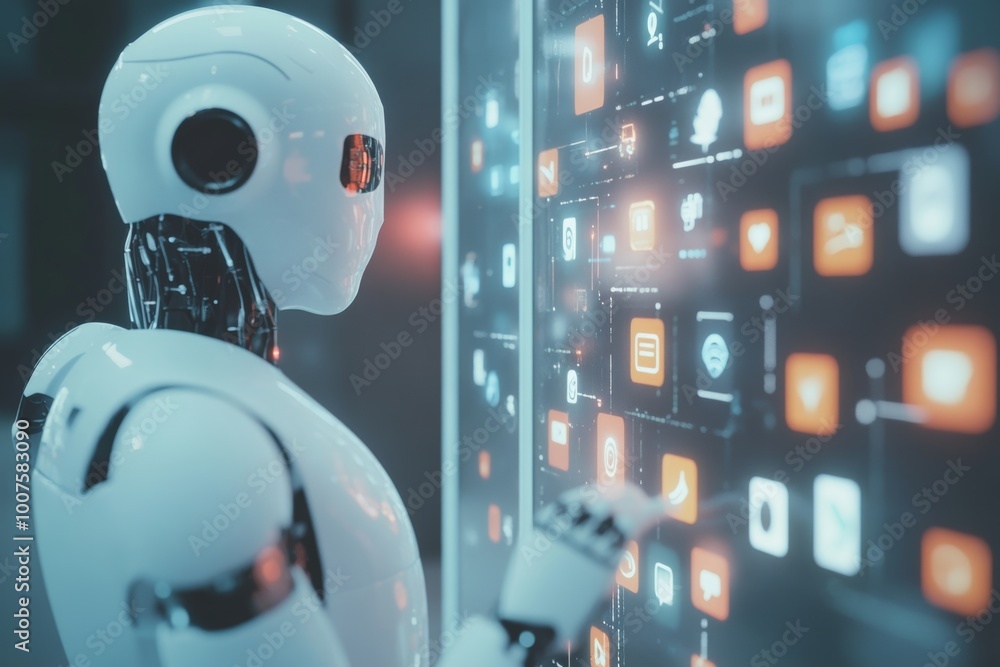 White robot managing social media icons and interface in a futuristic ...