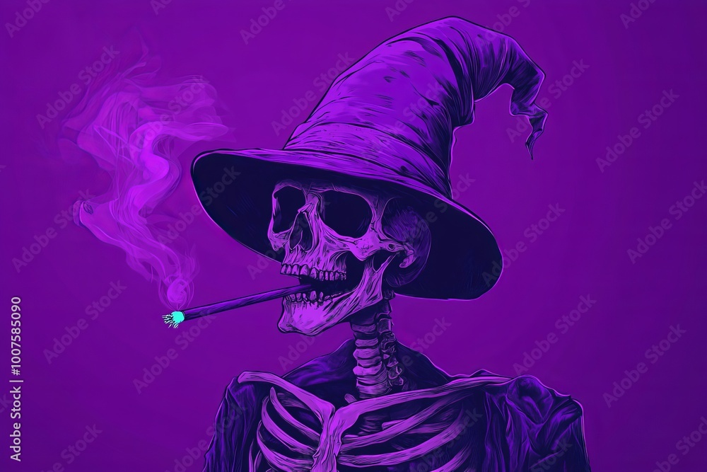 Vector art of a skeleton wearing a purple wizard hat and smoking a ...