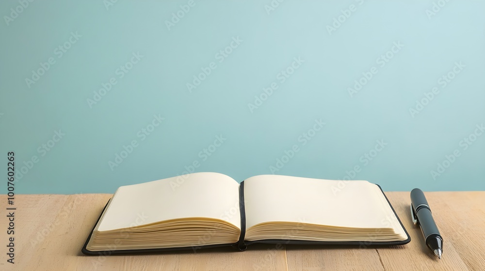 An open notebook with handwritten notes and a pen, placed on a wooden ...