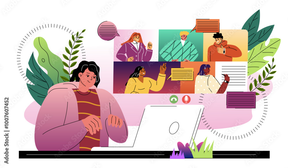 Woman with digital education. Young girl with laptop communicates with ...