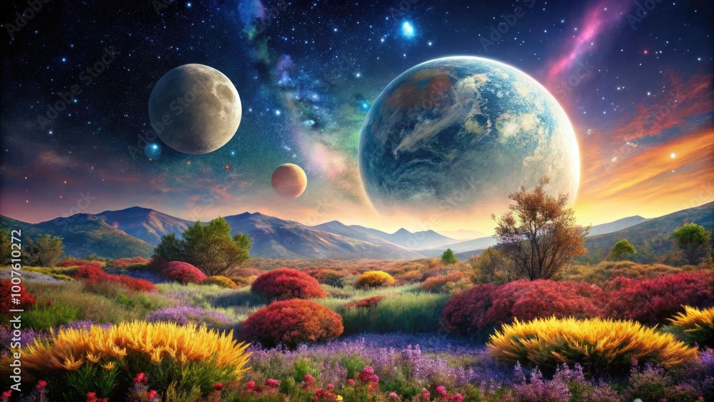Celestial Landscape with Colorful Plants and a Planet Surrounded by ...