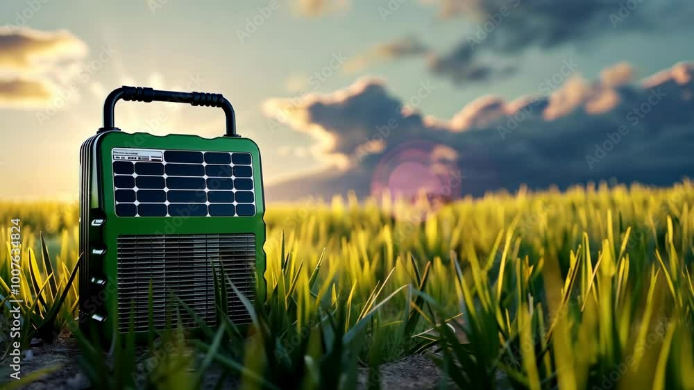 A green solar-powered device sits in a field of tall grass at sunset ...