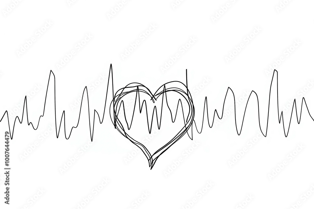 Heart beat one line. Continuous lines heart beats drawing. Wave pulse ...