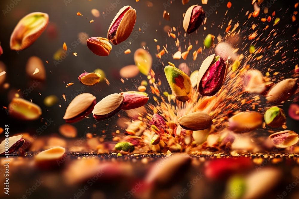 Realistic pistachio nuts exploding in motion, creating a dynamic splash ...