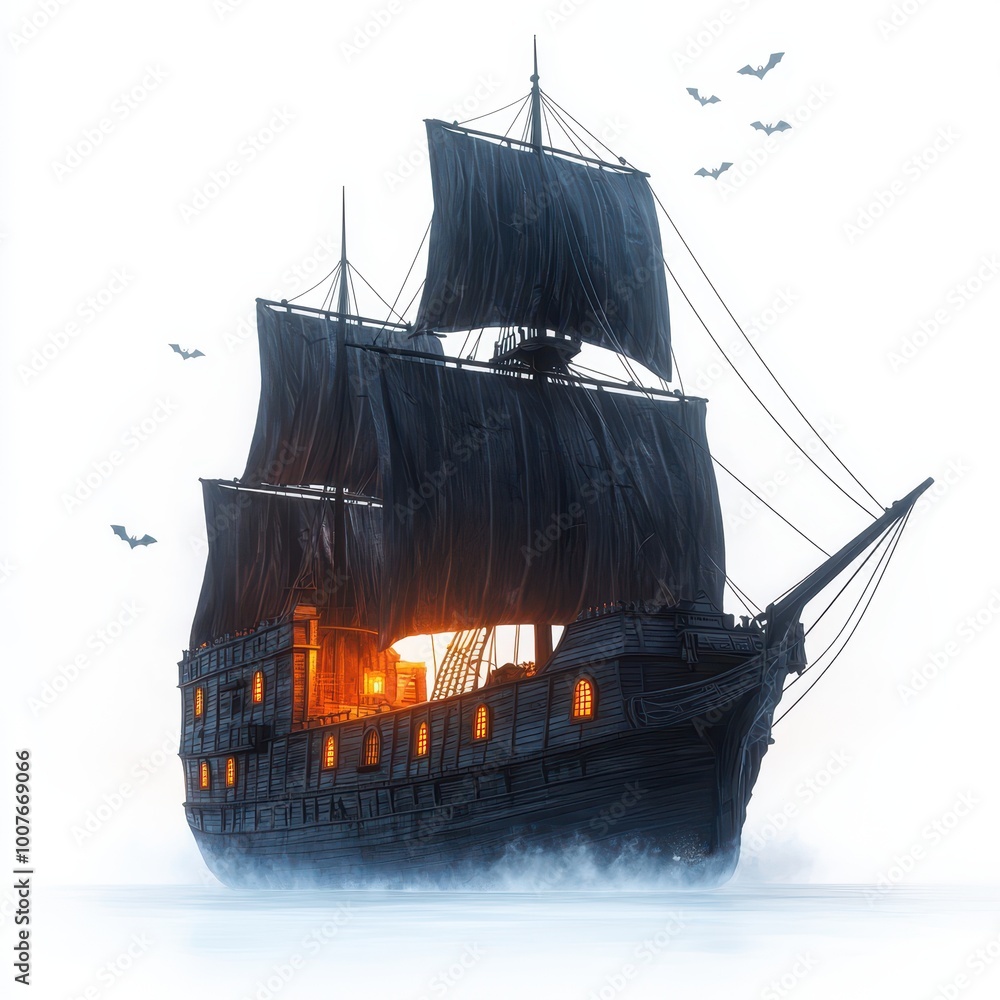 A haunted ghost ship with spirits hovering above the deck, eerie glow ...