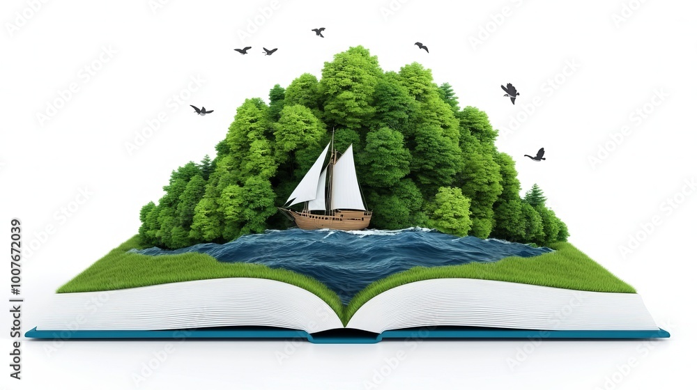 Open book with a green forest, a sailing ship, and the sea popping up ...