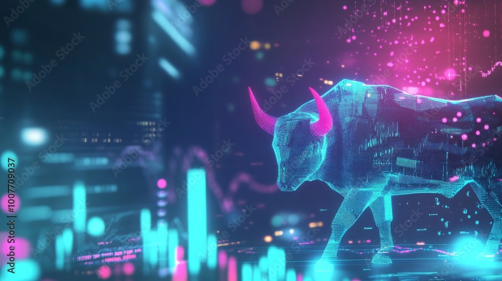 A futuristic concept of a bull market, featuring cutting-edge digital ...