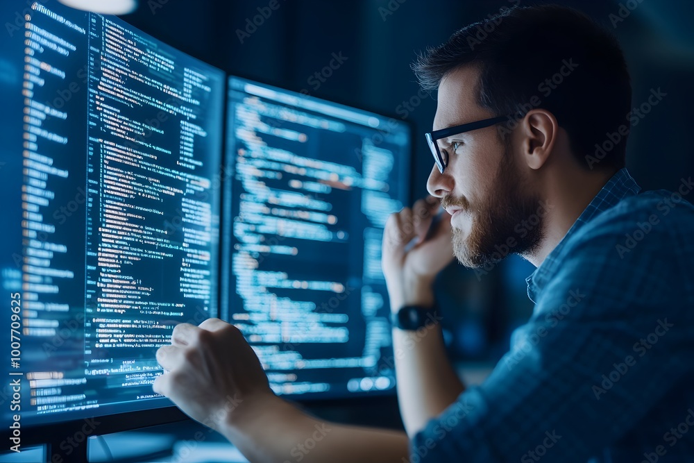 Computer programmer working intently on code and software development ...