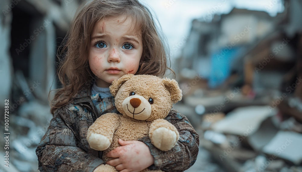 Lost Innocence - Young Child With Tattered Teddy Bear Stands Amidst ...