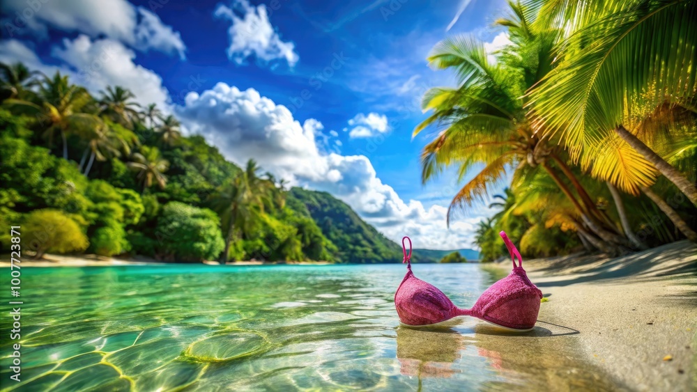 Vibrant Micro Bikini on Sandy Beach with Crystal Clear Water and Lush ...