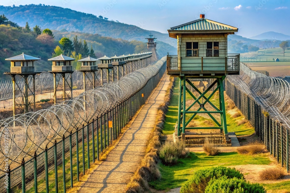 Foto de Barbed wire and guard towers line the heavily fortified ...