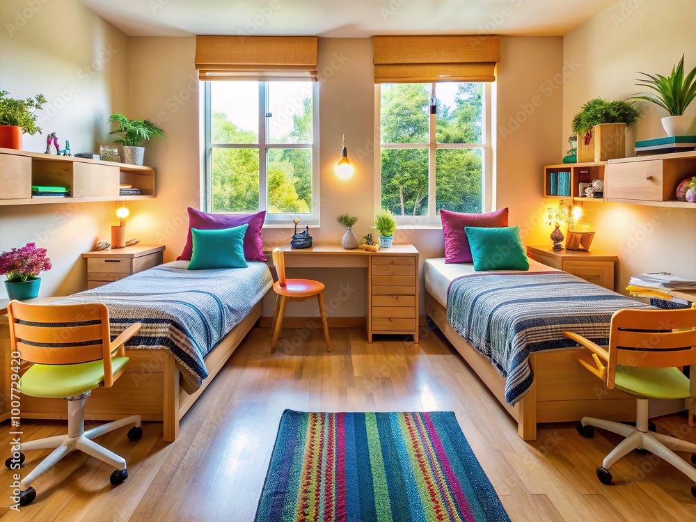 Cozy dorm room setup with two twin beds, shared desk, and colorful ...