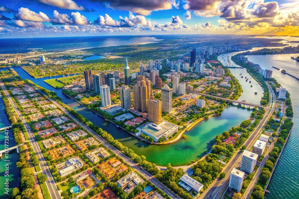 Vibrant aerial view of Miami's urban landscape, featuring a large city ...
