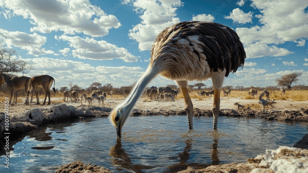 An ostrich drinking from a waterhole, its long neck bending gracefully ...