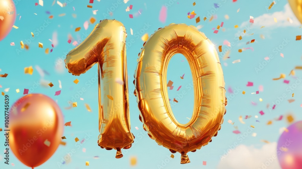 Golden helium balloons in the shape of the number 10 floating in the ...
