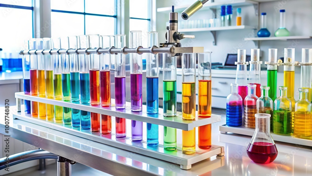 A laboratory setup shows various stages of chromatography process ...