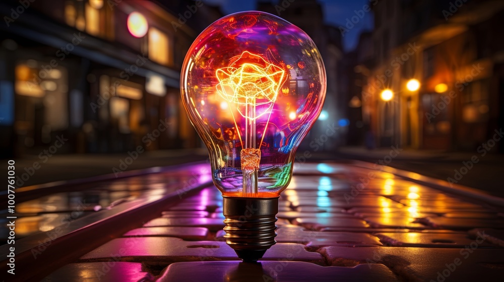 A glowing bulb on a cobblestone street, reflecting the city lights and ...
