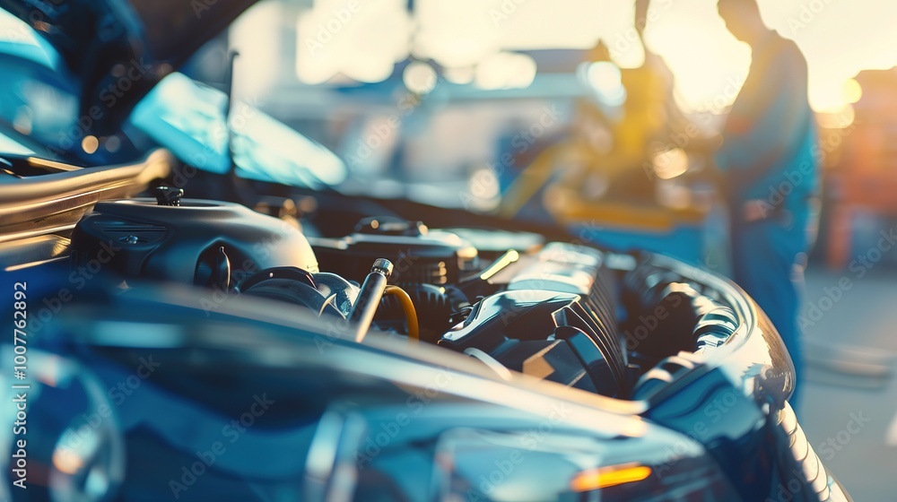 A mechanic inspects the engine of a car with its hood raised ...