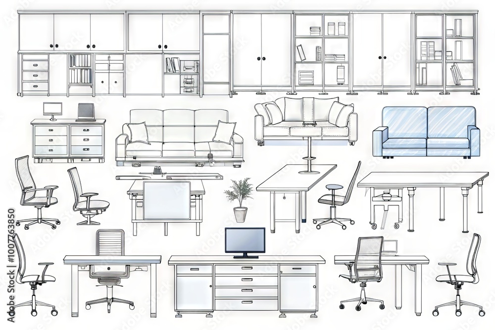 Assyrtment of 2D CAD blocks of modern office furniture, including ...