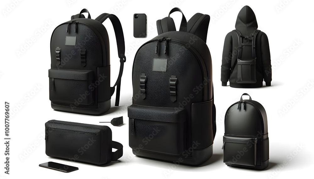 Realistic mockups of a black backpack, shown from various angles ...