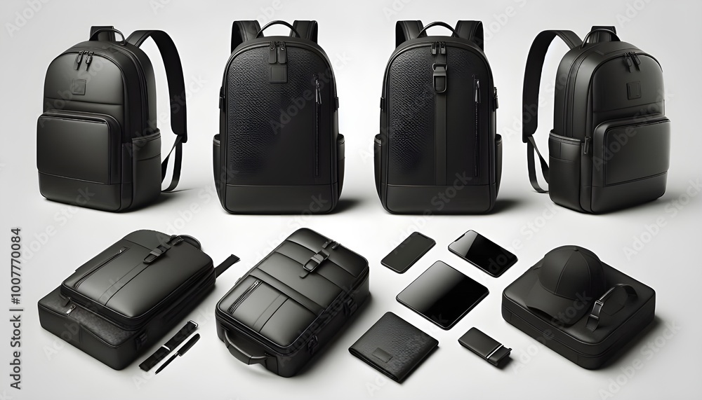 Realistic mockups of a black backpack, shown from various angles ...