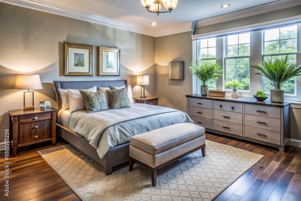 Calm and spacious 8x8 bedroom layout featuring a queen-sized bed ...