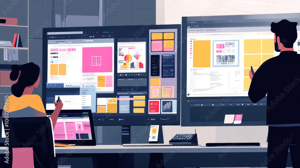 Digital design process in action, with multiple screens displaying ...