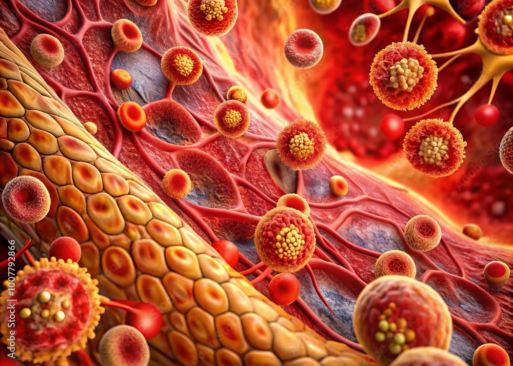 Microscopic view of inflamed tissue with redness and swelling ...