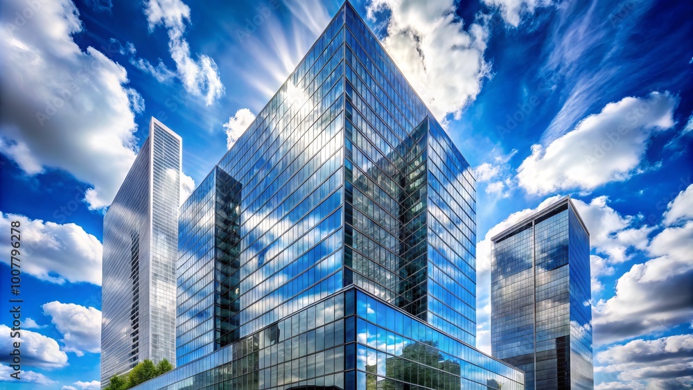 Modern sleek commercial high-rise building with reflective glass facade ...