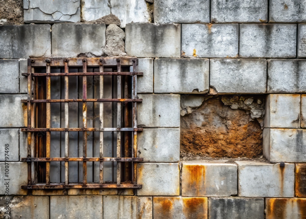 Old, weathered cinder block wall with crumbling mortar and rusty metal ...
