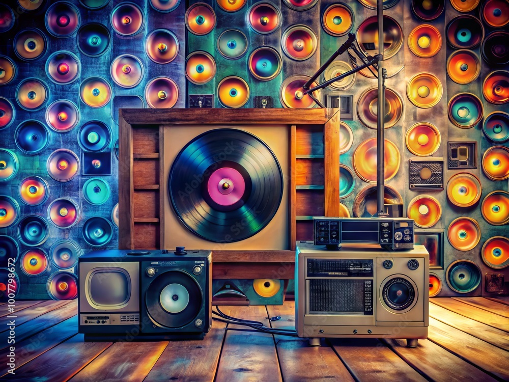 Retro cassette tapes, vinyl records, and VHS tapes surround a old TV ...