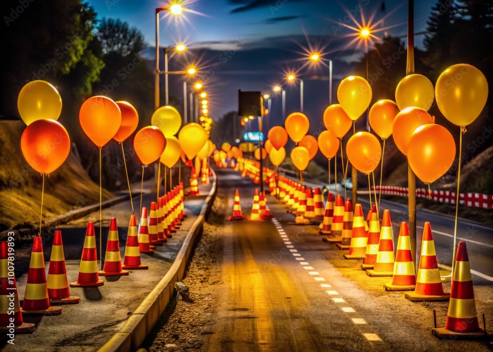 Vibrant orange and yellow blinding balloons illuminate a dark road ...