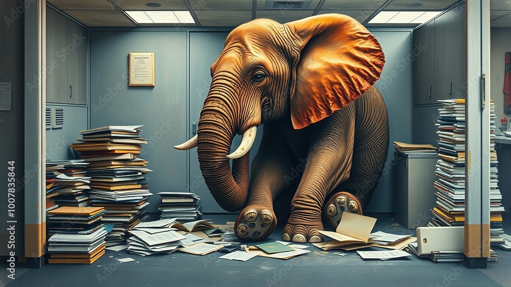 A majestic elephant sits comfortably in a drab office cubicle ...