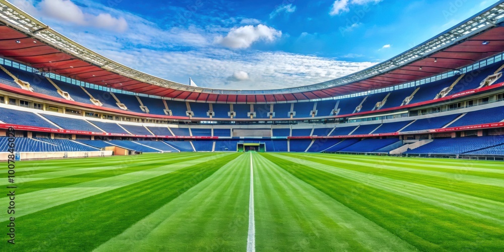 Lush green interior lawn of Paris-Saint-Germain (PSG) stadium, the Parc ...