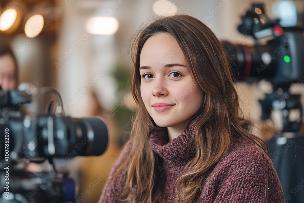 Young creative director at a photoshoot, directing models and adjusting ...