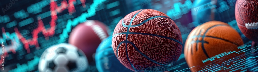 Abstract basketball, football, and soccer balls layered over financial ...