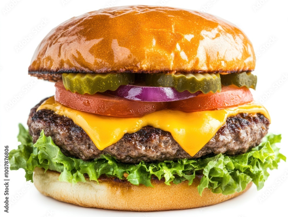 Thick beef patty hamburger topped with cheddar cheese, lettuce, tomato ...
