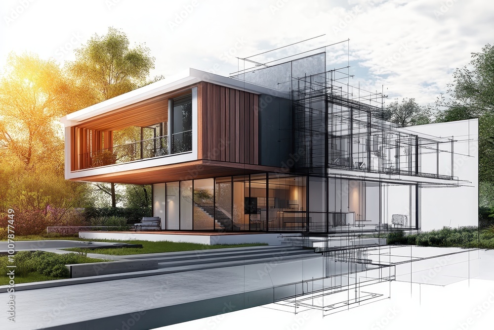 A modern house design merging rendered and sketched elements for ...