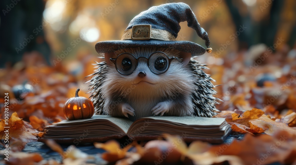 Hedgehog wearing a wizard hat and glasses sitting by a spell book ...