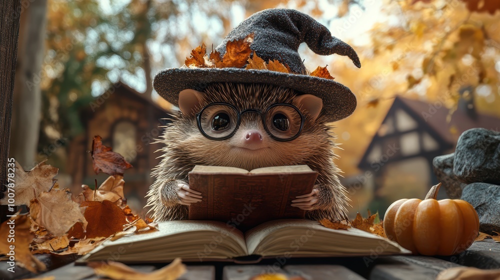 Hedgehog wearing a wizard hat and glasses sitting by a spell book ...