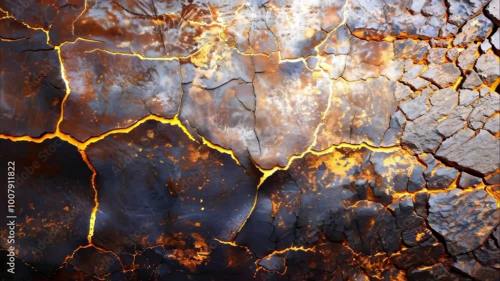 A close-up of cracked, fiery surface resembling molten rock or lava ...