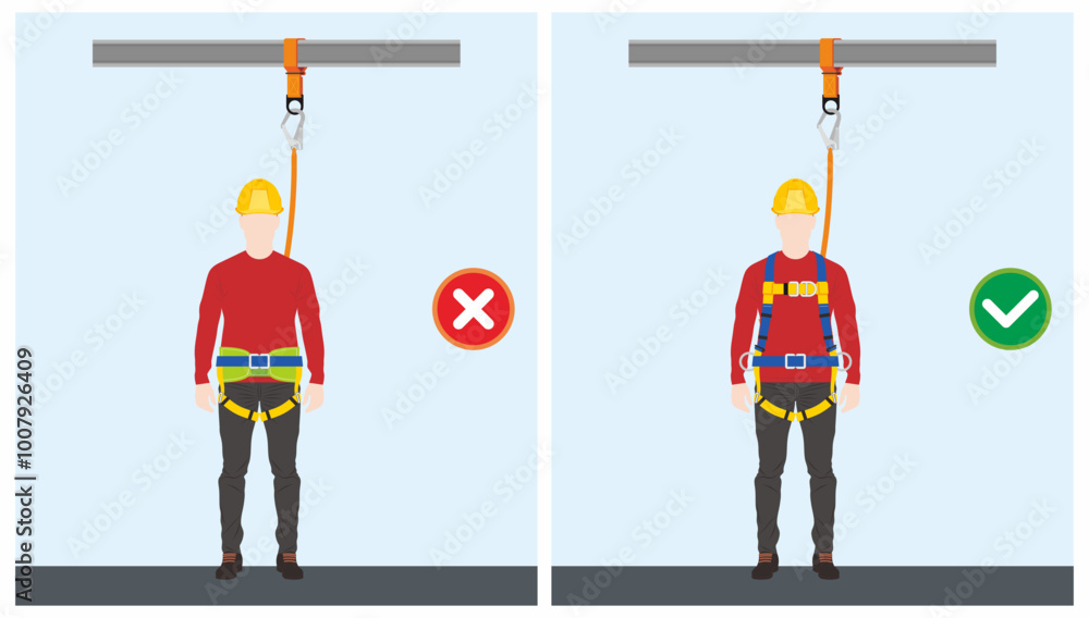 workplace do and do not of fall protection gear. Safety belt and full ...